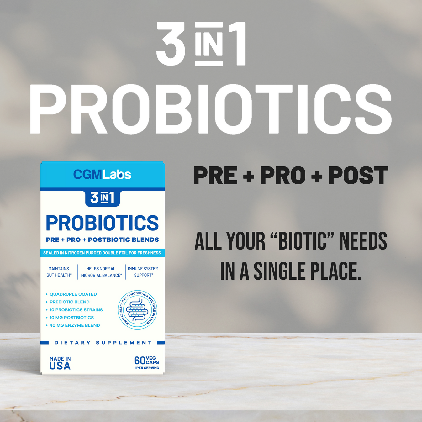 CGM Labs - 3 in 1 Probiotics - Prebiotics + Probiotics + Postbiotics A